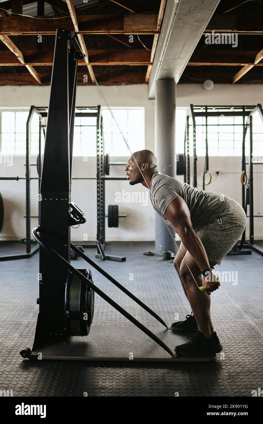 Black man, arms workout and exercise equipment for health, wellness and ...