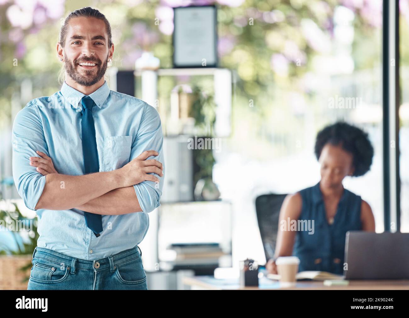 Confident, success and leadership with a business man standing arms ...
