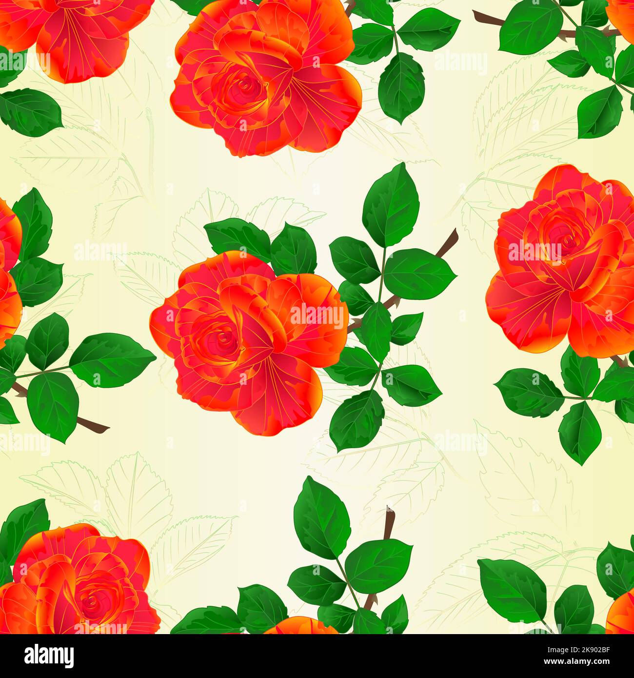 Seamless texture flower orange rose and leaves vintage vector illustration editable hand draw ...