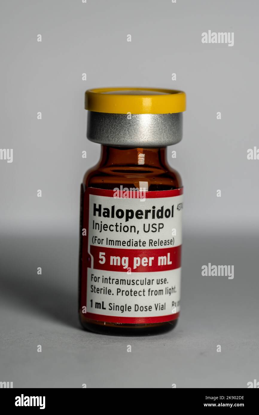 A vertical shot of Haloperidol- an Antipsychotic drug on a white ...
