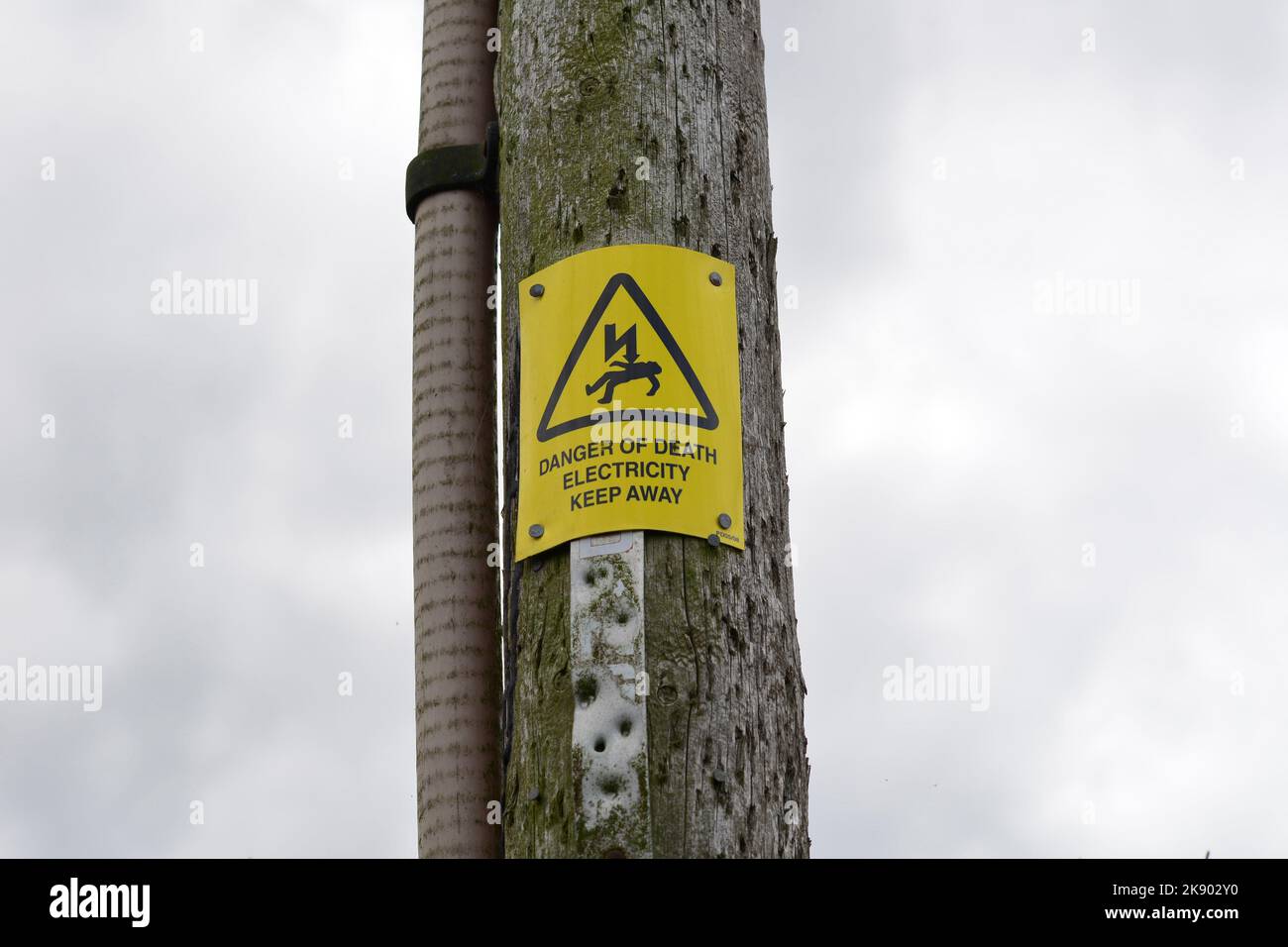 Warning sign on pole carrying high voltage local distribution power ...