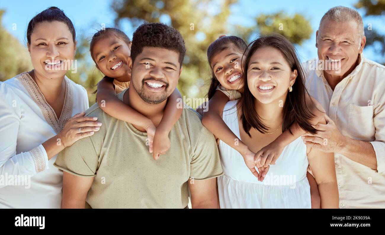 Happy, big family and portrait at park with kids, parents and ...