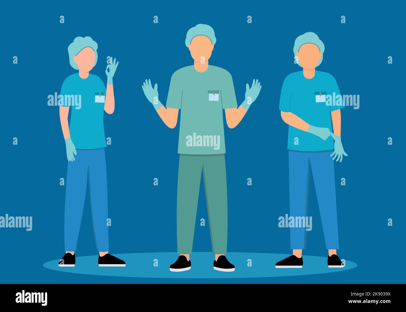 A team of medical professionals with a doctor and nurses on a blue ...