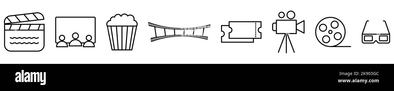 Cinema icons set. Movie line symbols isolated on white background Stock ...