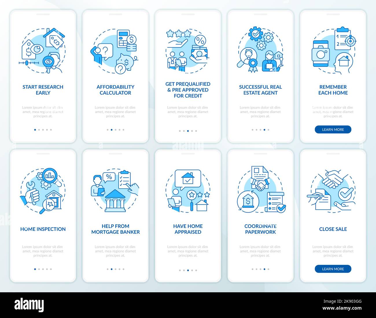 Buying house blue onboarding mobile app screen set Stock Vector Image ...