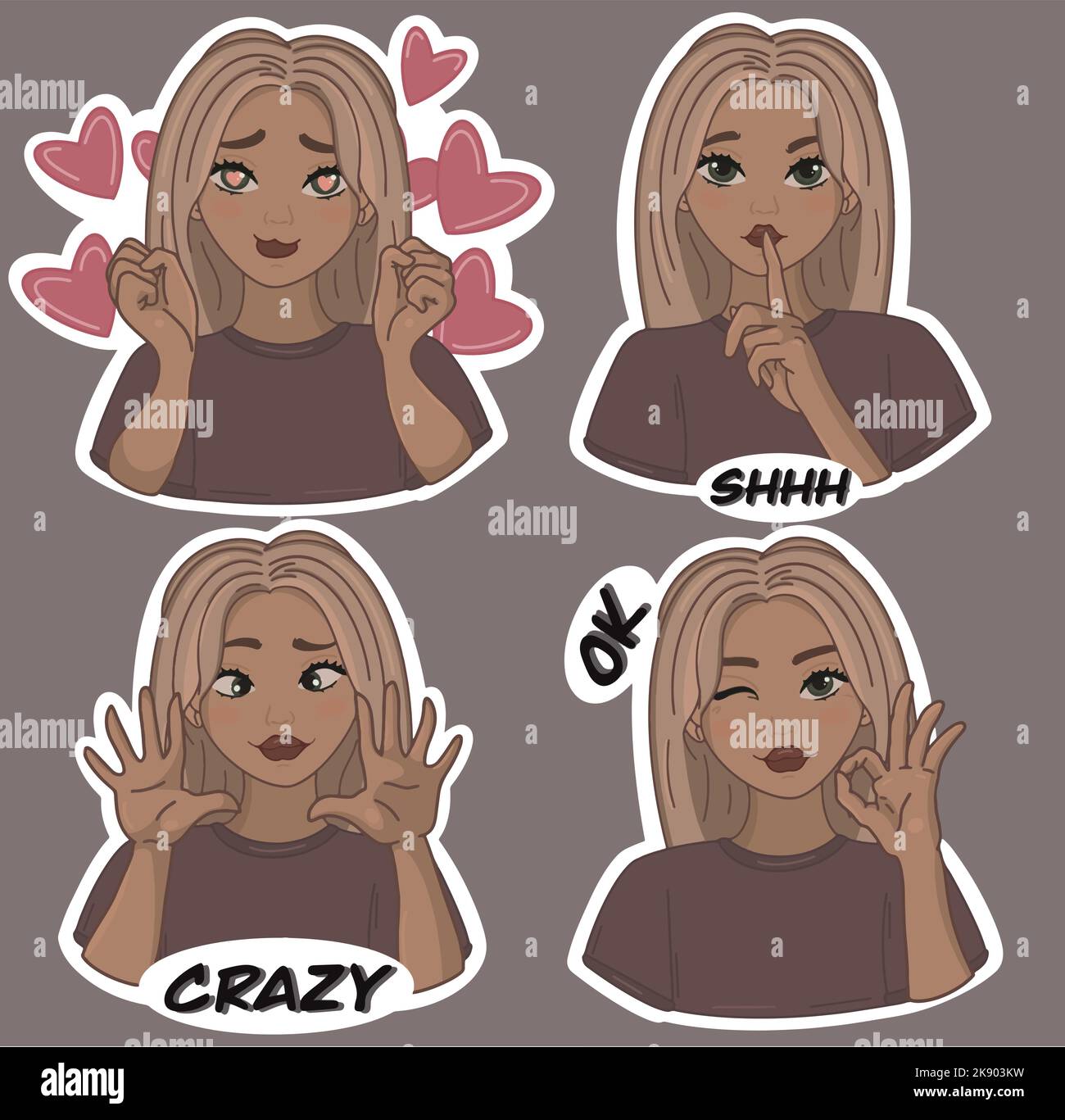 Cute beautiful girl in the style of stickers in different poses first ...