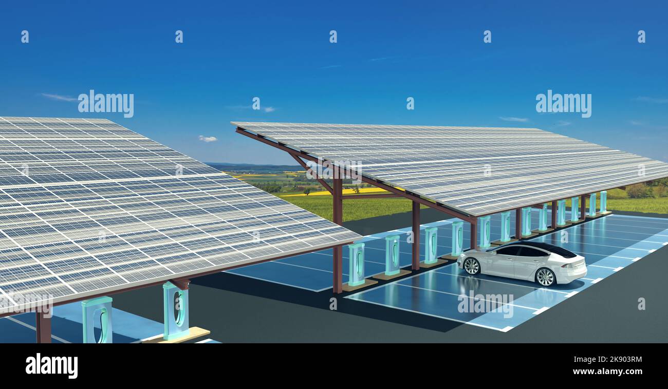 EV charging point at the parking place with solar panels, 3D ...