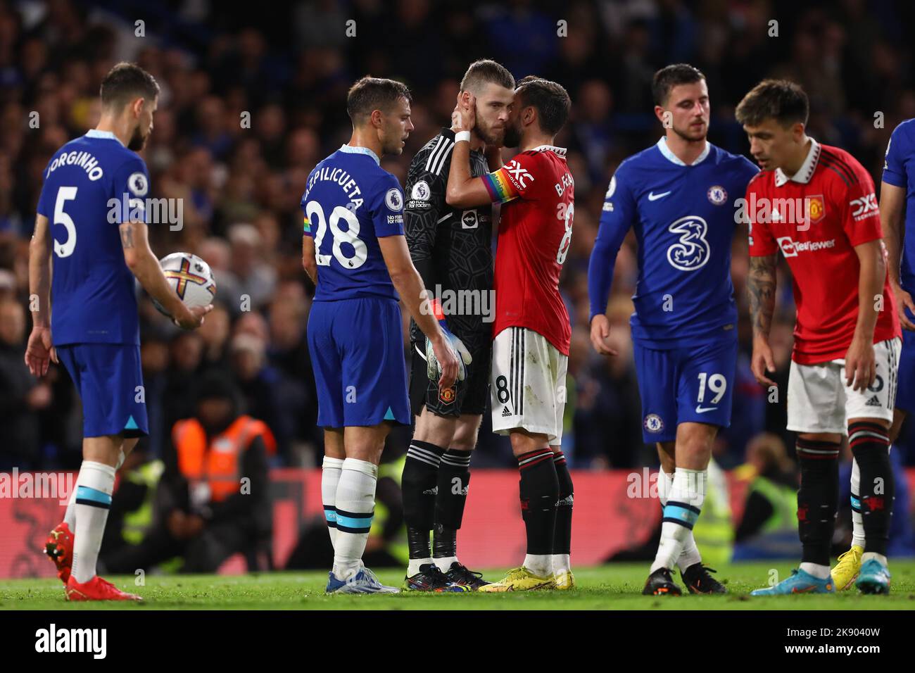 Bruno Fernandes of Manchester United is seen talking to David De Gea of ...