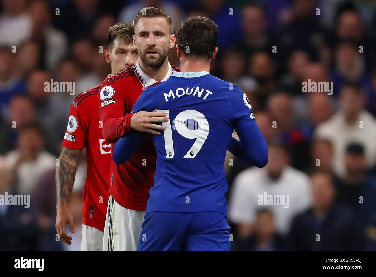 Luke Shaw of Manchester United pushes Mason Mount of Chelsea away from ...