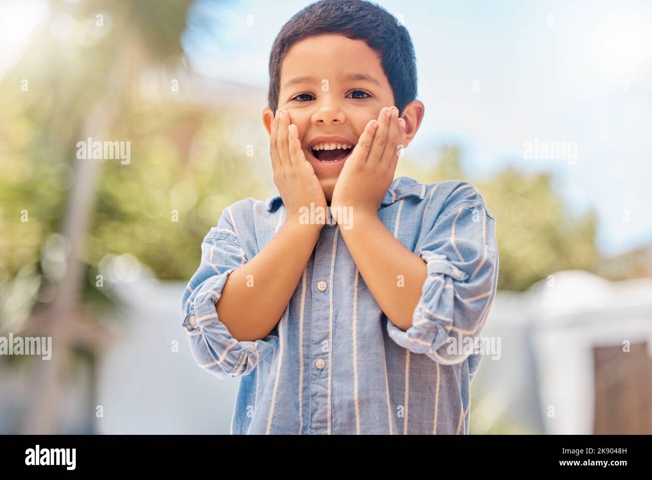 Portrait, smile and surprised happy boy in nature, outdoors or smiling ...