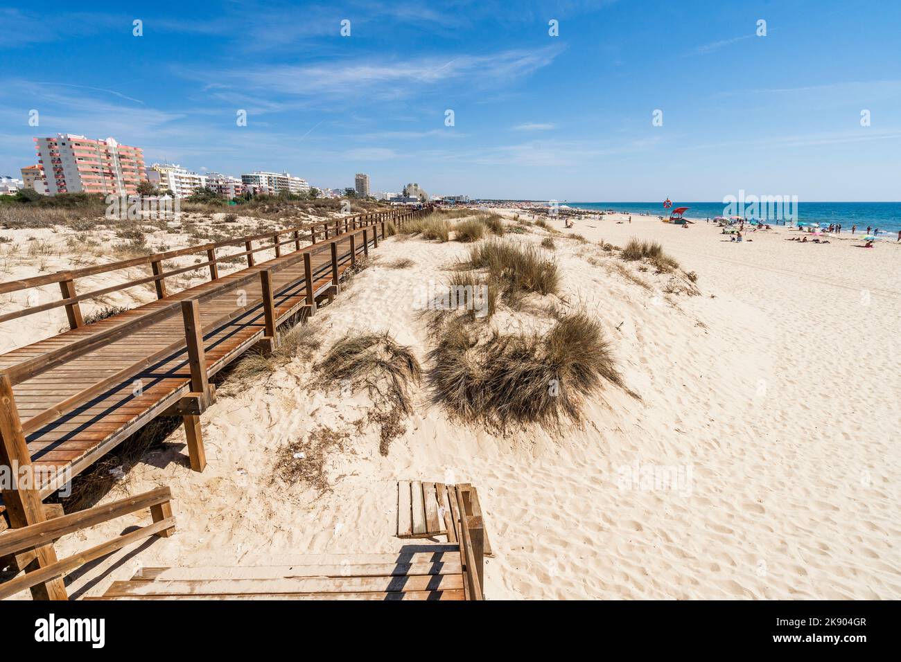 Wide sandy beach with wooden bridges along the dunes in Monte Gordo ...