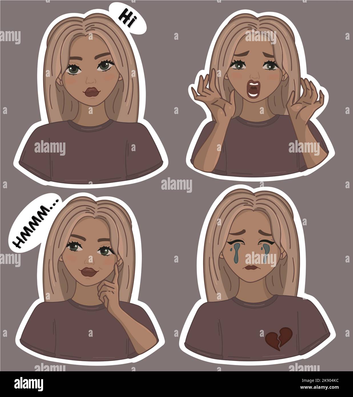 Cute beautiful girl in the style of stickers in different poses third ...