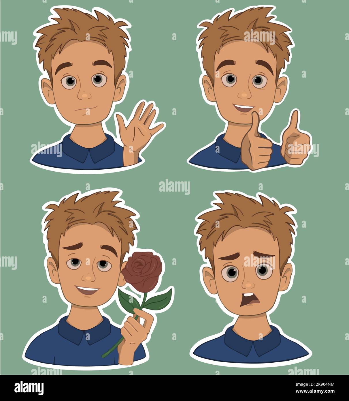 A young guy in the style of stickers, in different poses pack three ...