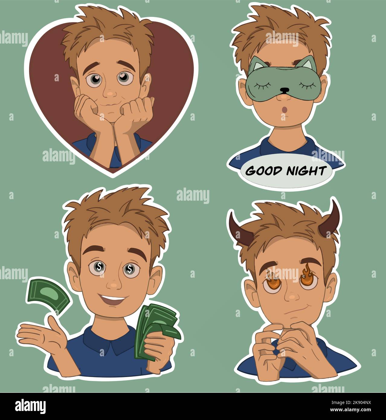 A young guy in the style of stickers, in different poses pack two Stock ...