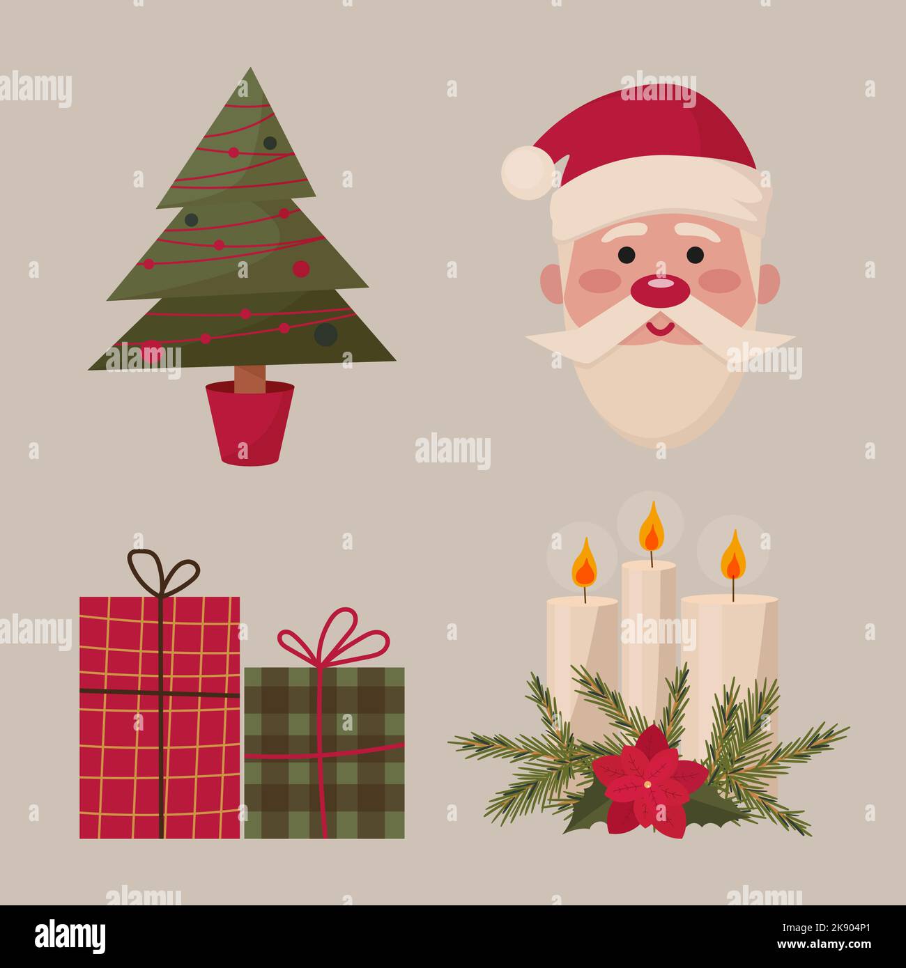 set of christmas elements santa claus christmas tree gifts and candles ...