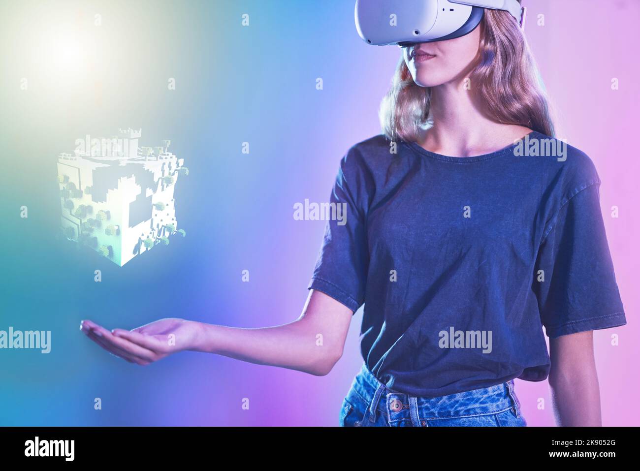 VR, metaverse or woman with hologram in hand for futuristic gaming ...