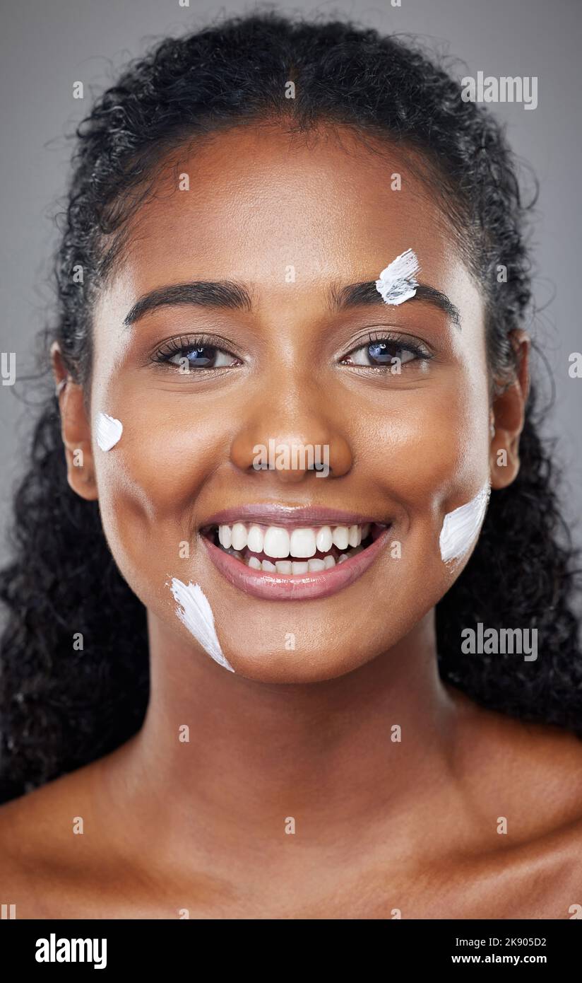Black woman, beauty and facial skincare moisturizer, cream or lotion ...