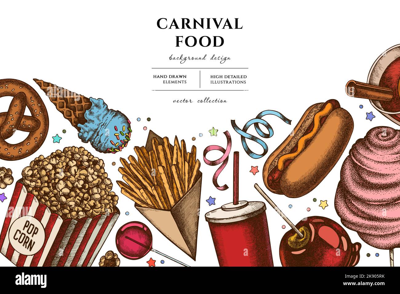Carnival food hand drawn illustration design. Background with retro ...