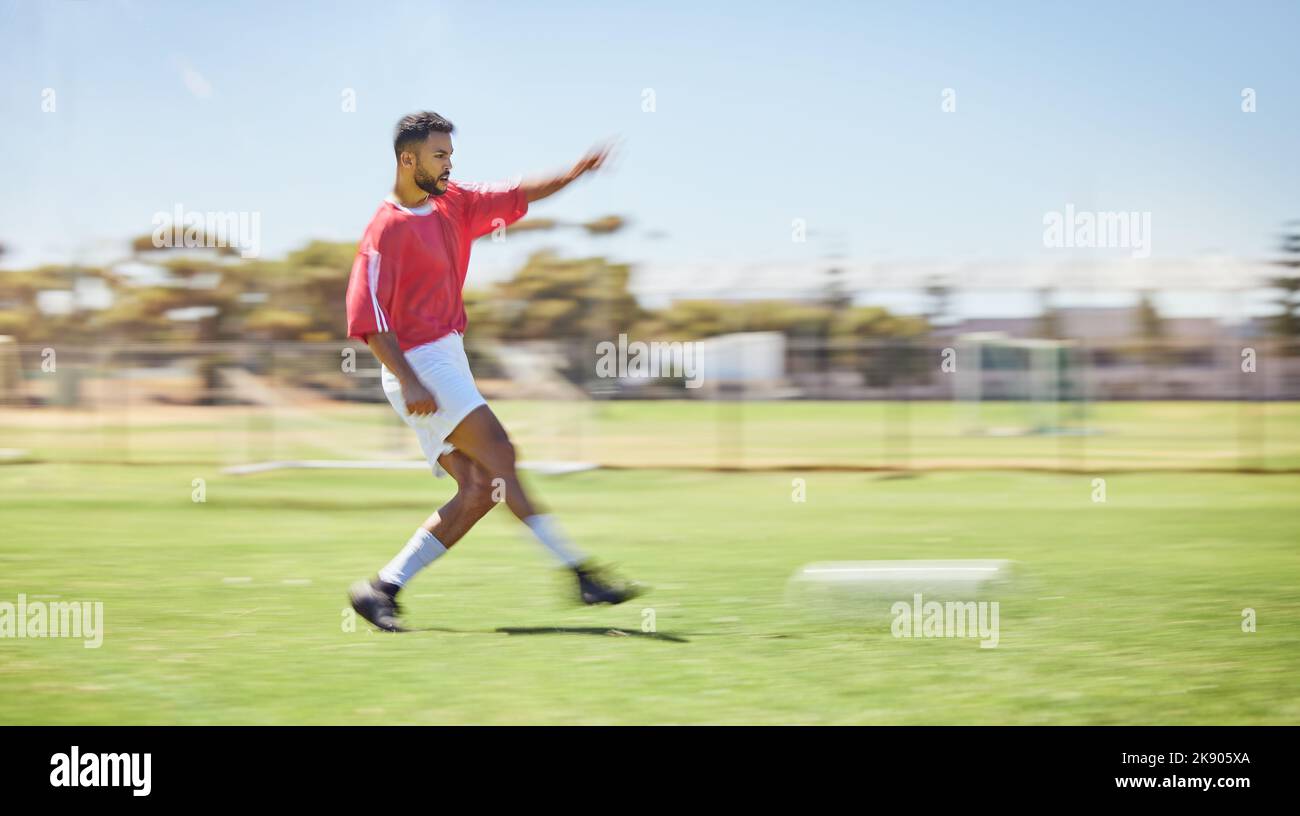Soccer, sports and fitness with a man athlete playing a game or match ...