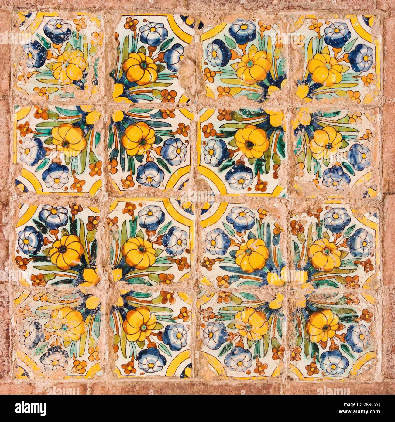 Antique floor tiles with floral design at Santes Creus Monastery, Spain ...