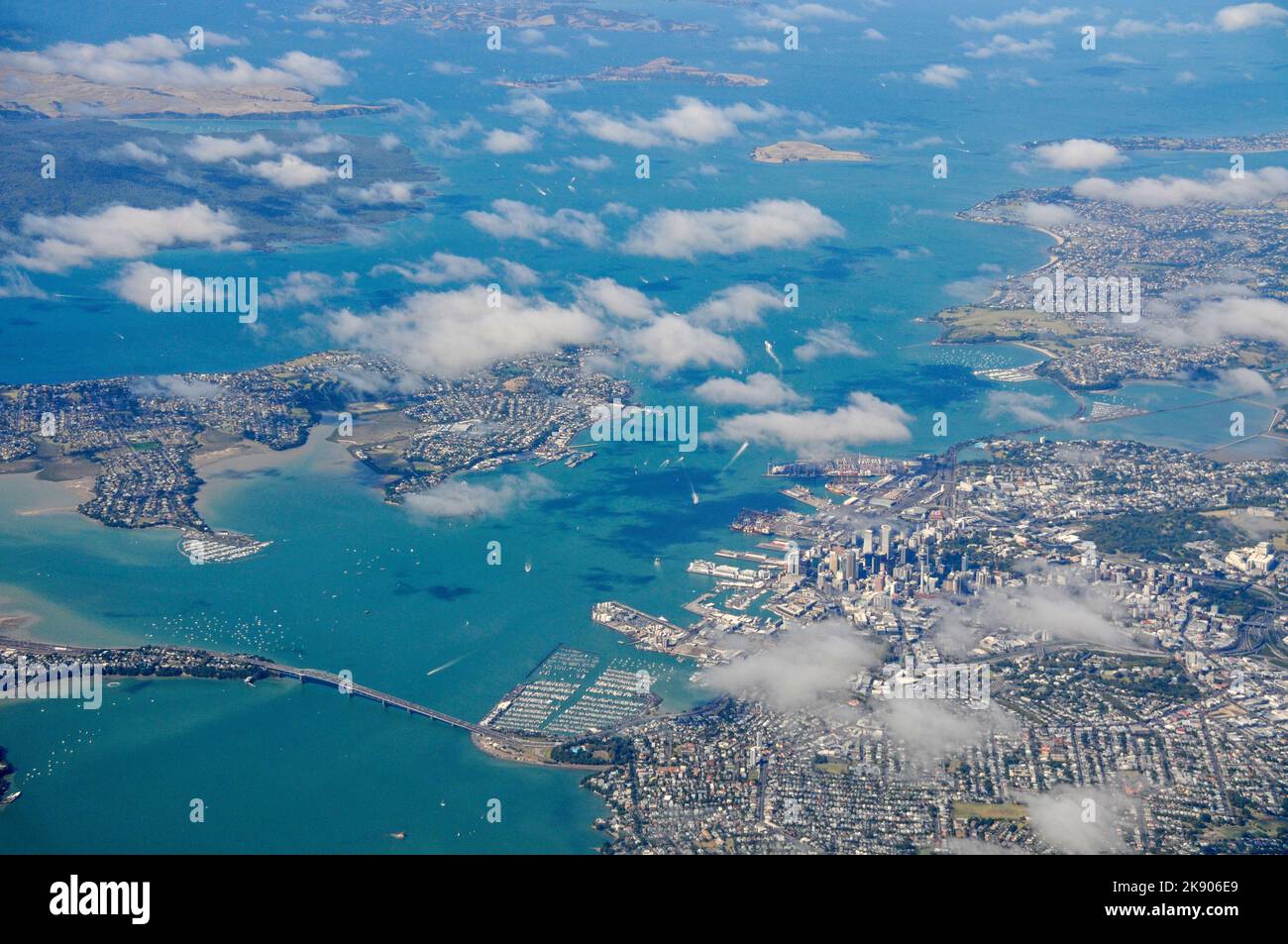 Air view of Auckland city and Auckland harbour bridge, North Island in ...