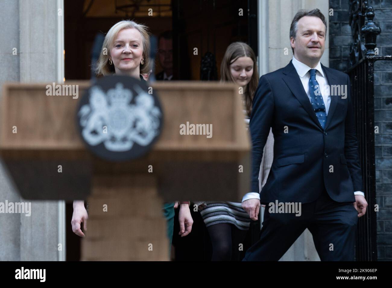 Outgoing Prime Minister Liz Truss before making a speech outside 10 ...