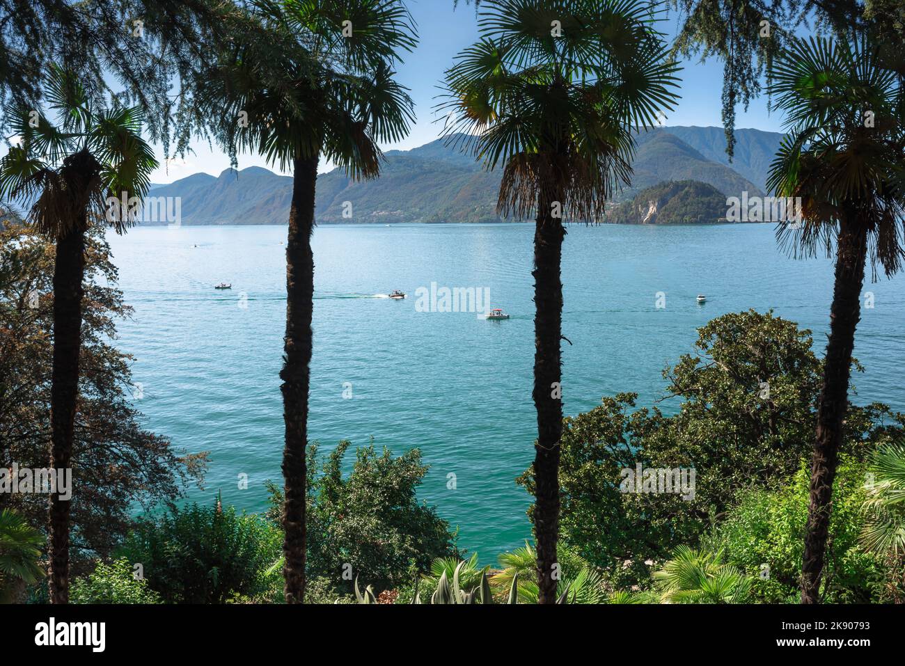 Lake Como Italy, view in summer from the hills above the scenic town of ...