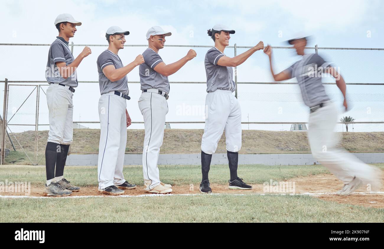 Baseball, fist bump and team support, sport and teamwork on baseball ...