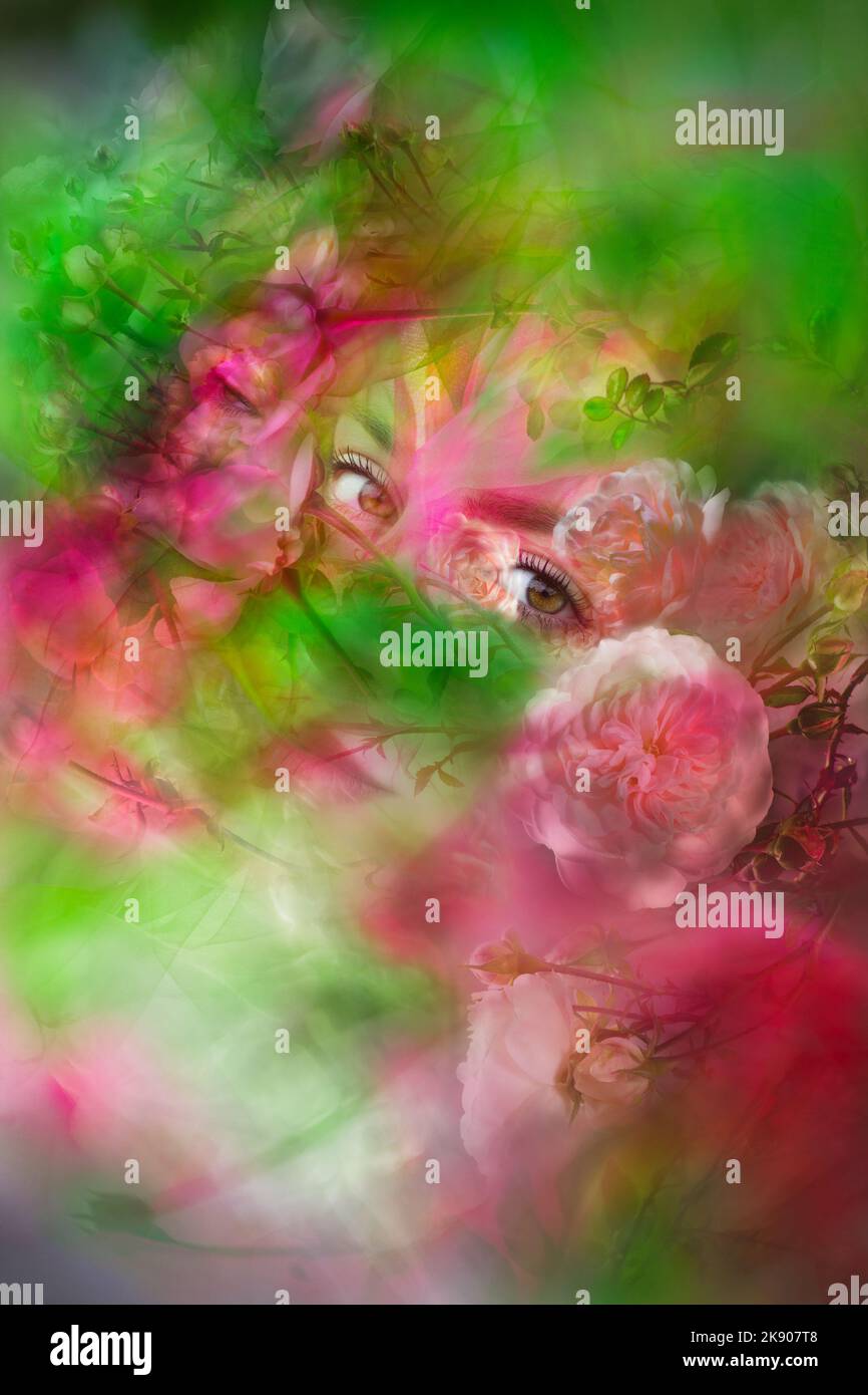 Eyes of a woman are gradually waking up in three stages, first ...