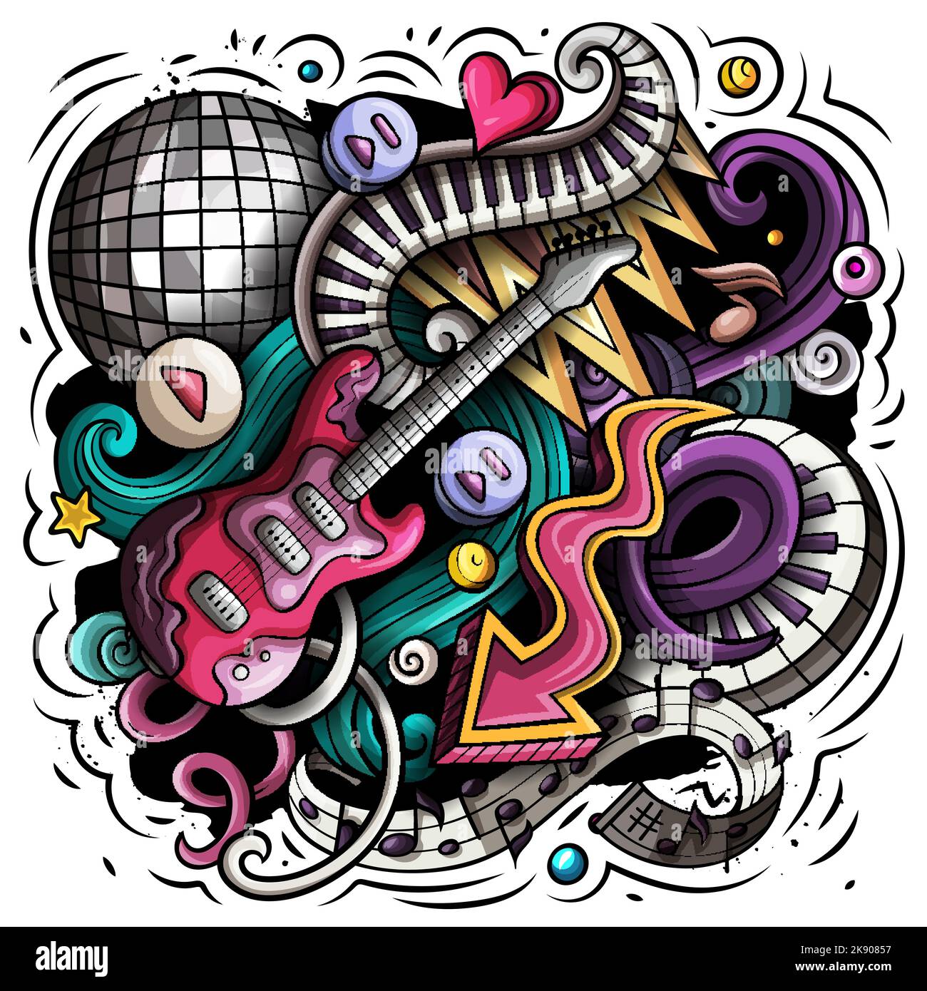 Cartoon vector doodles Disco music illustration. Colorful, detailed ...