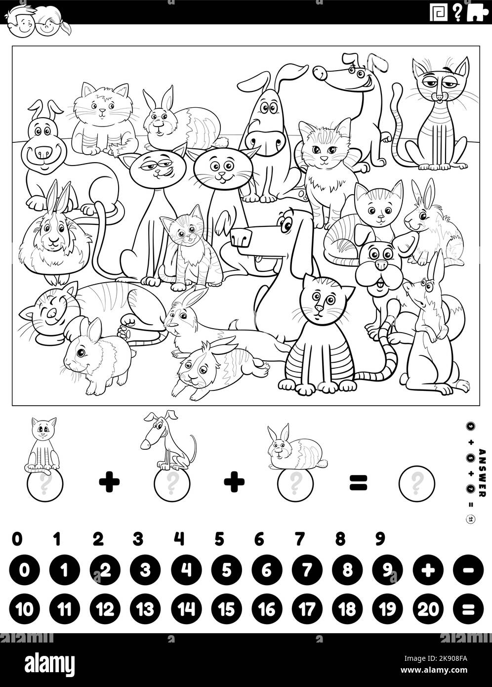 Black and white cartoon illustration of educational mathematical ...