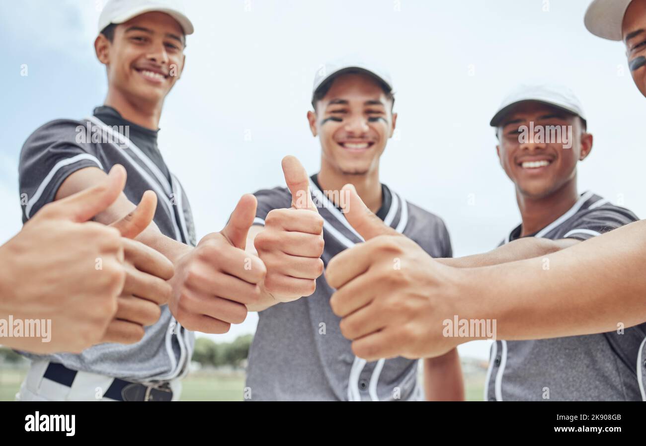 Men, baseball team or thumbs up hands in success, support or motivation ...
