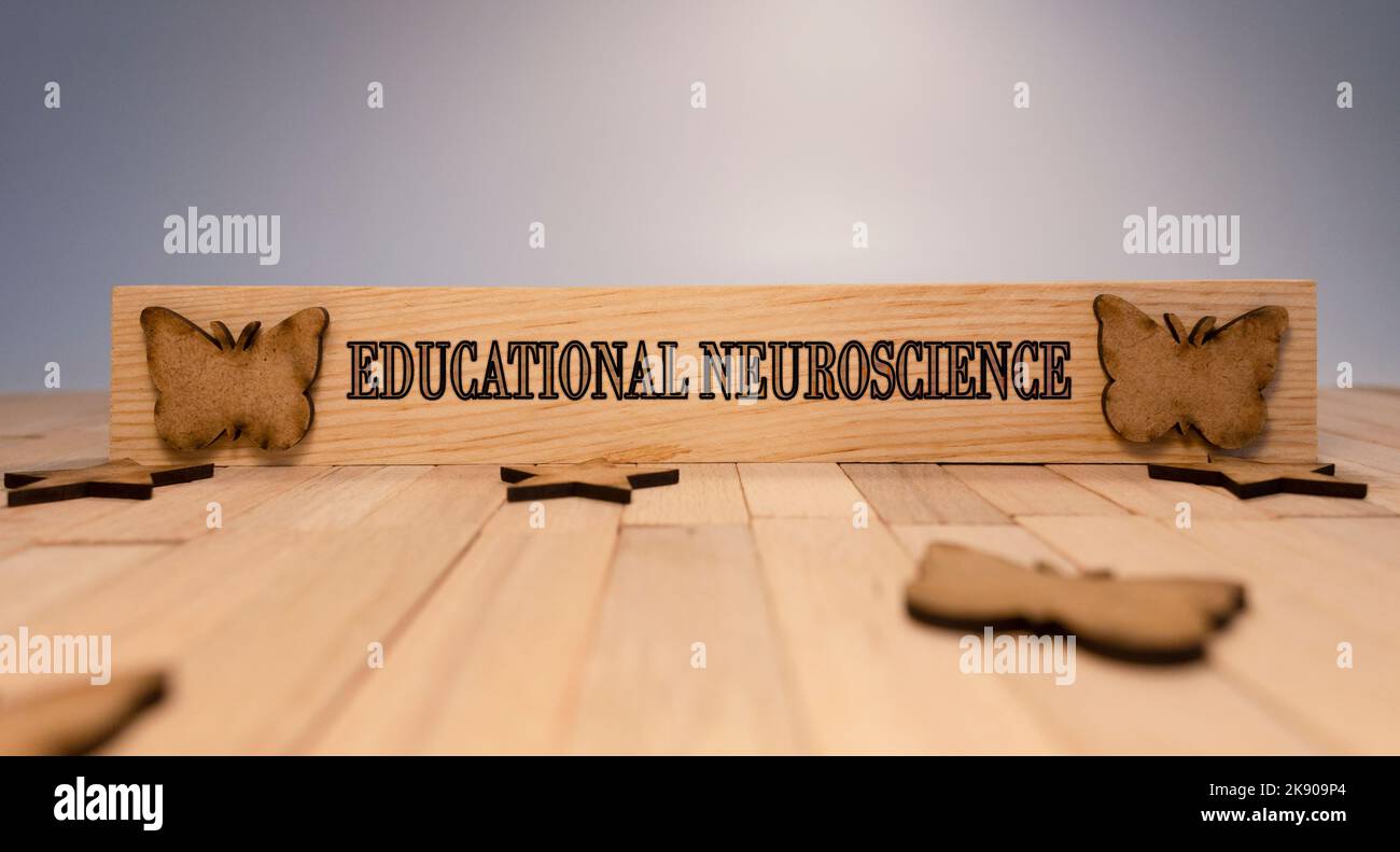 Educational Neuroscience written on wooden surface. Wooden butterflies ...
