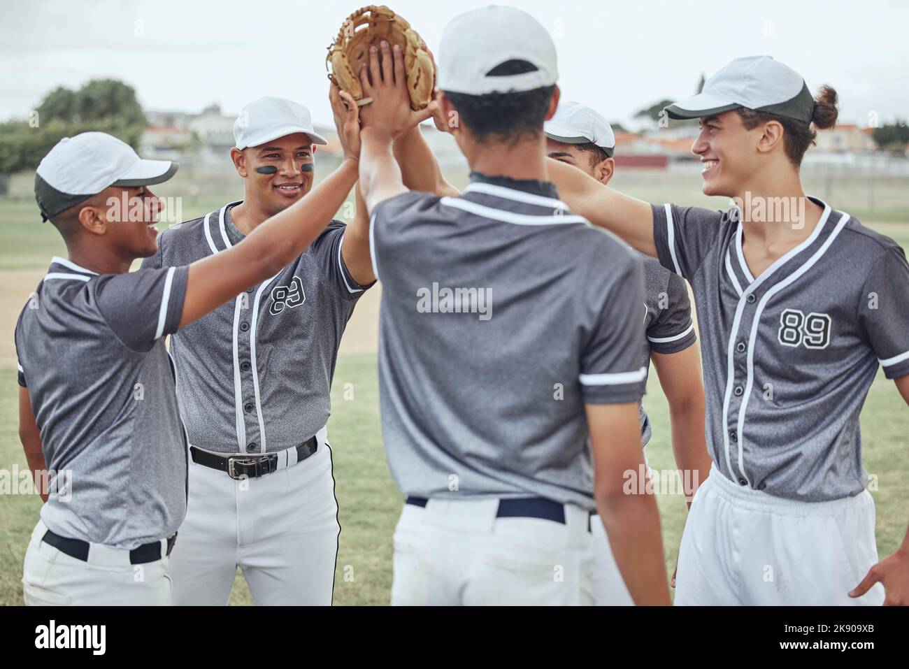 Baseball player men hands connect for teamwork, motivation and mission ...