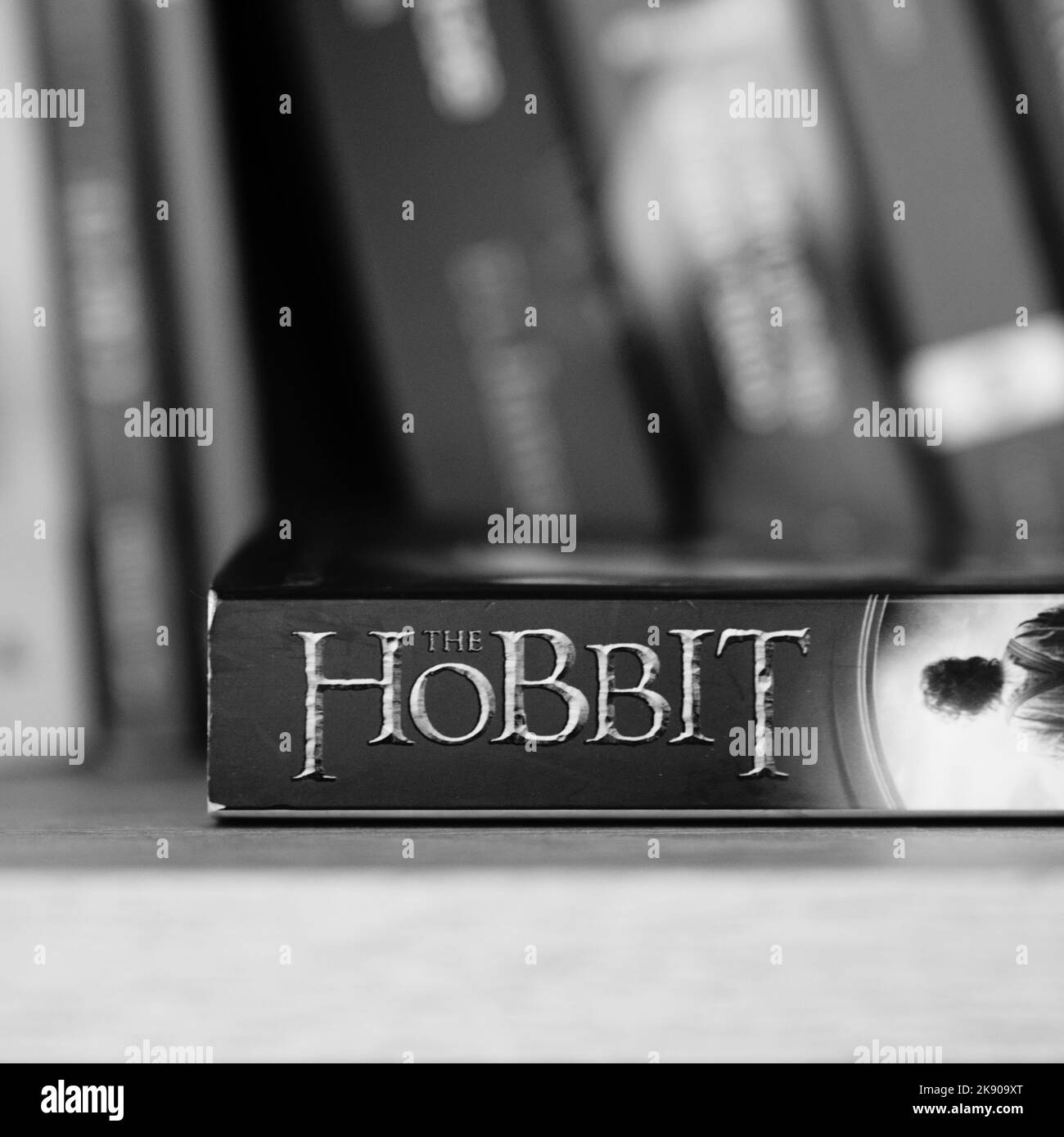 A vertical grayscale closeup of J. R. R. Tolkien's The Hobbit novel on ...