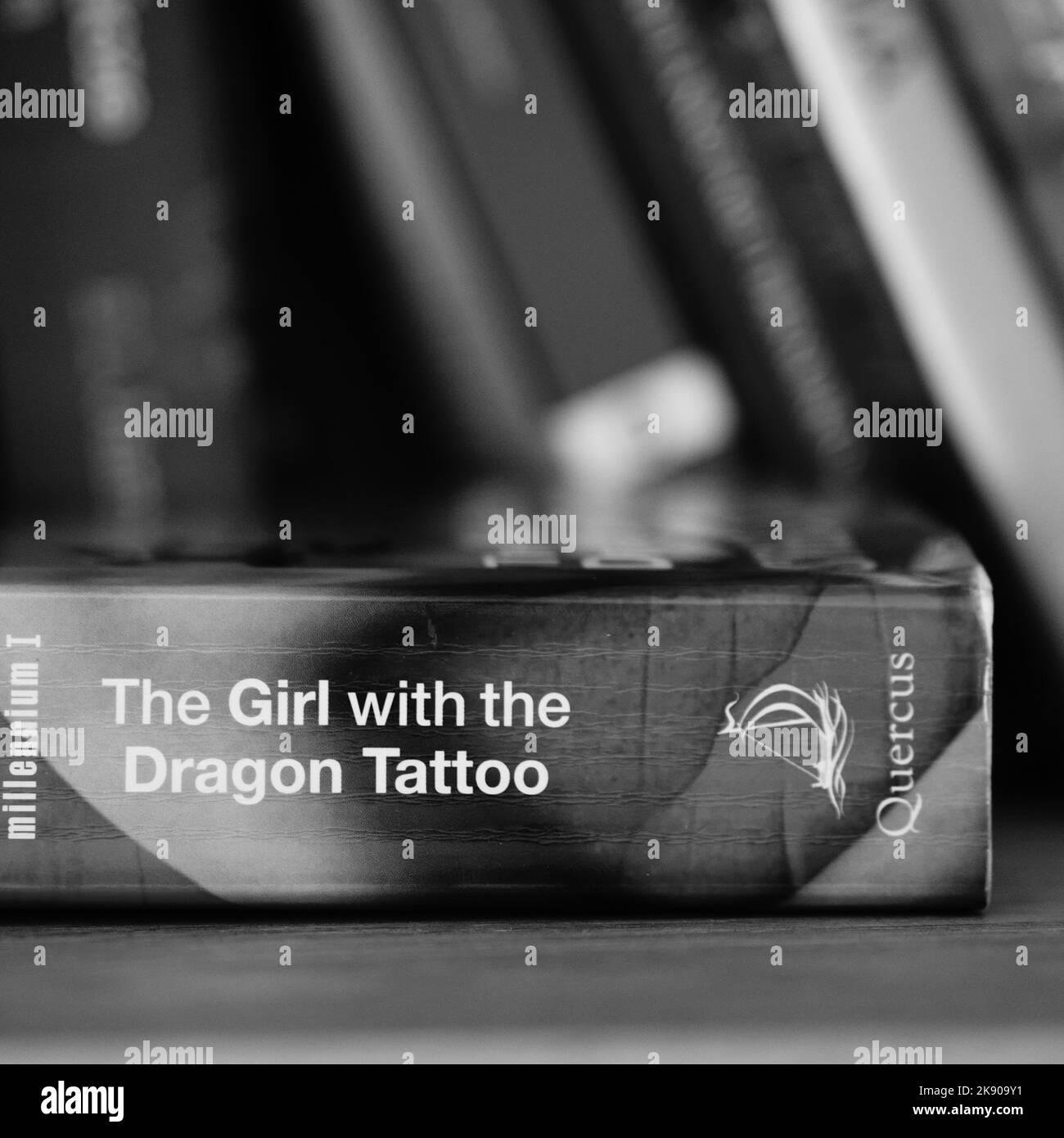 A vertical grayscale closeup of Stieg Larsson's The Girl With The ...