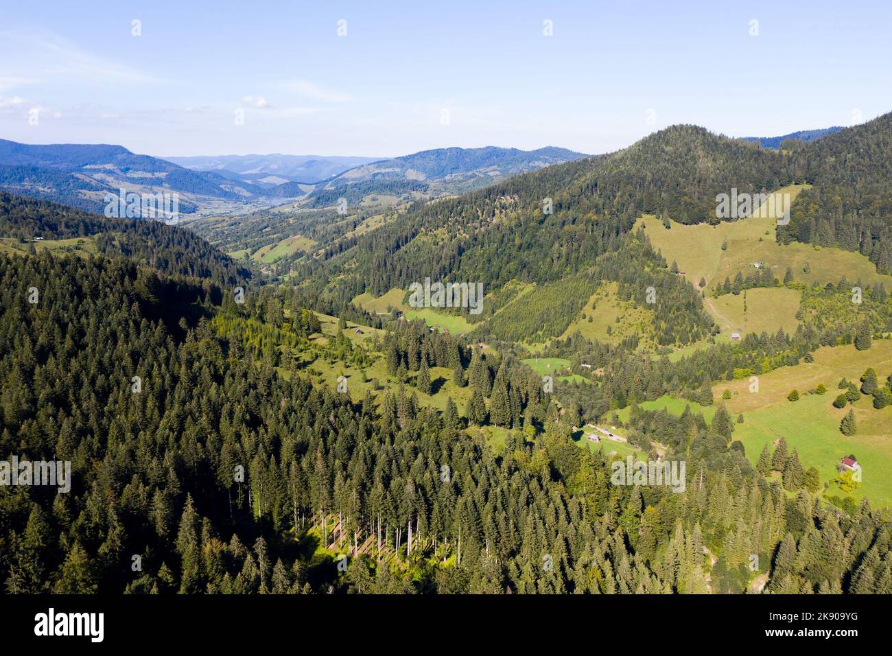 Stunning view of layered mountain ranges covered with dense pine forest and green valley under ...