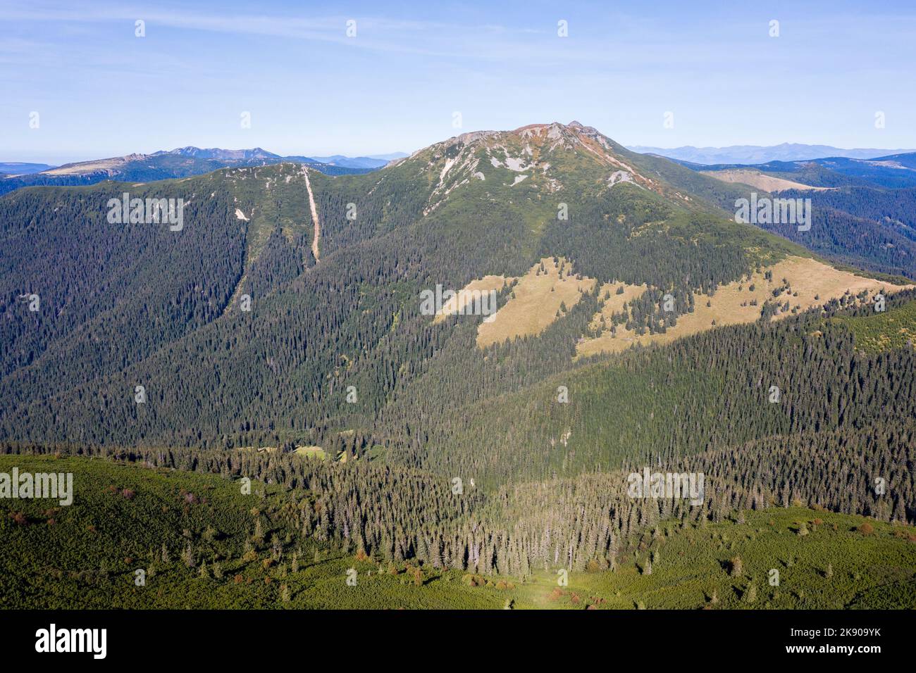 Stunning view of layered mountain ranges covered with dense pine forest and green valley under ...