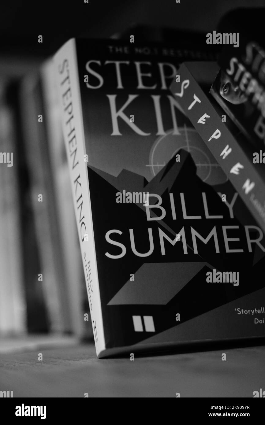 A vertical grayscale closeup of Billy Summers novel by Stephen King ...