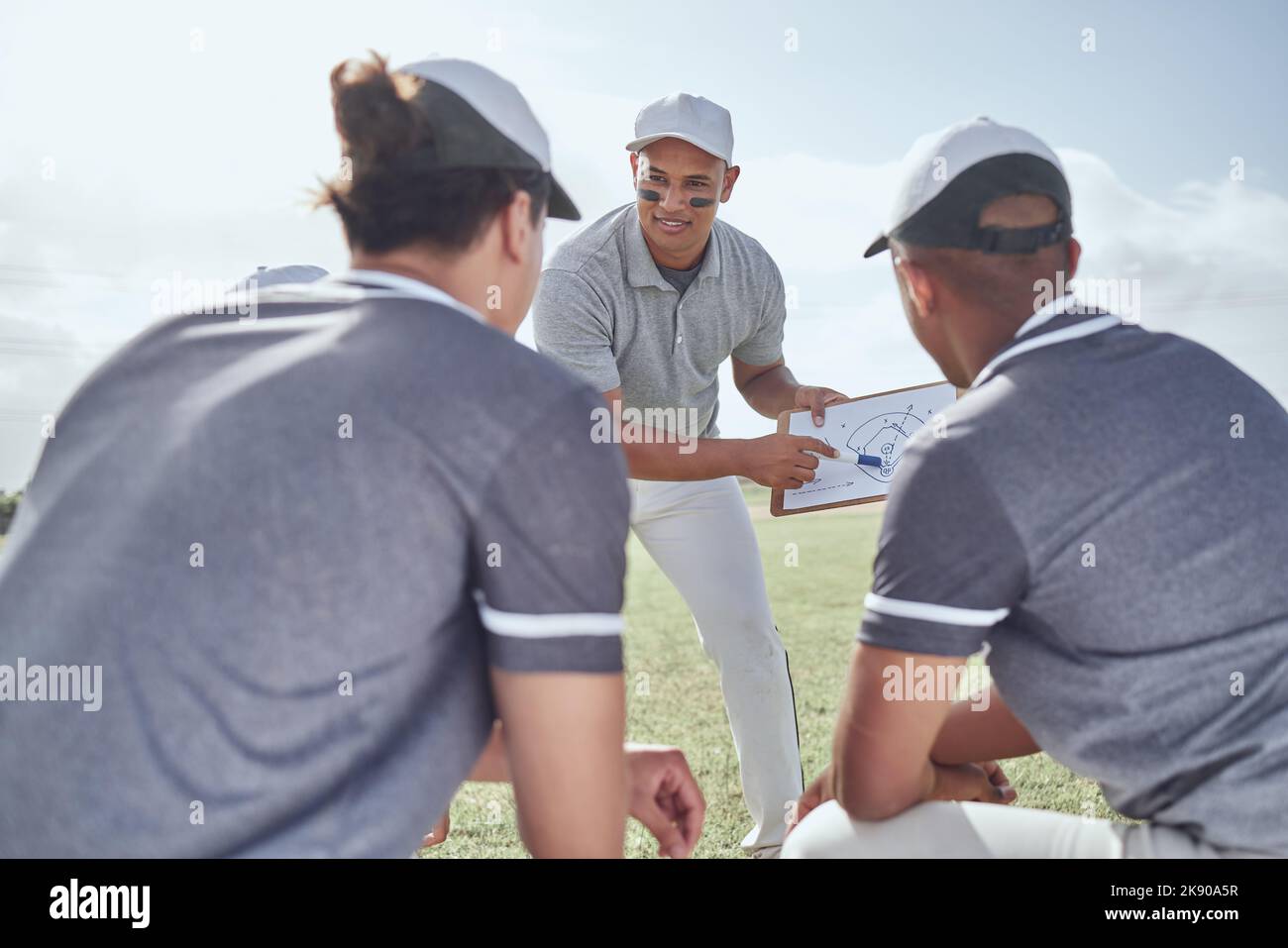 Happy baseball coach, team or strategy for planning on paper clipboard ...