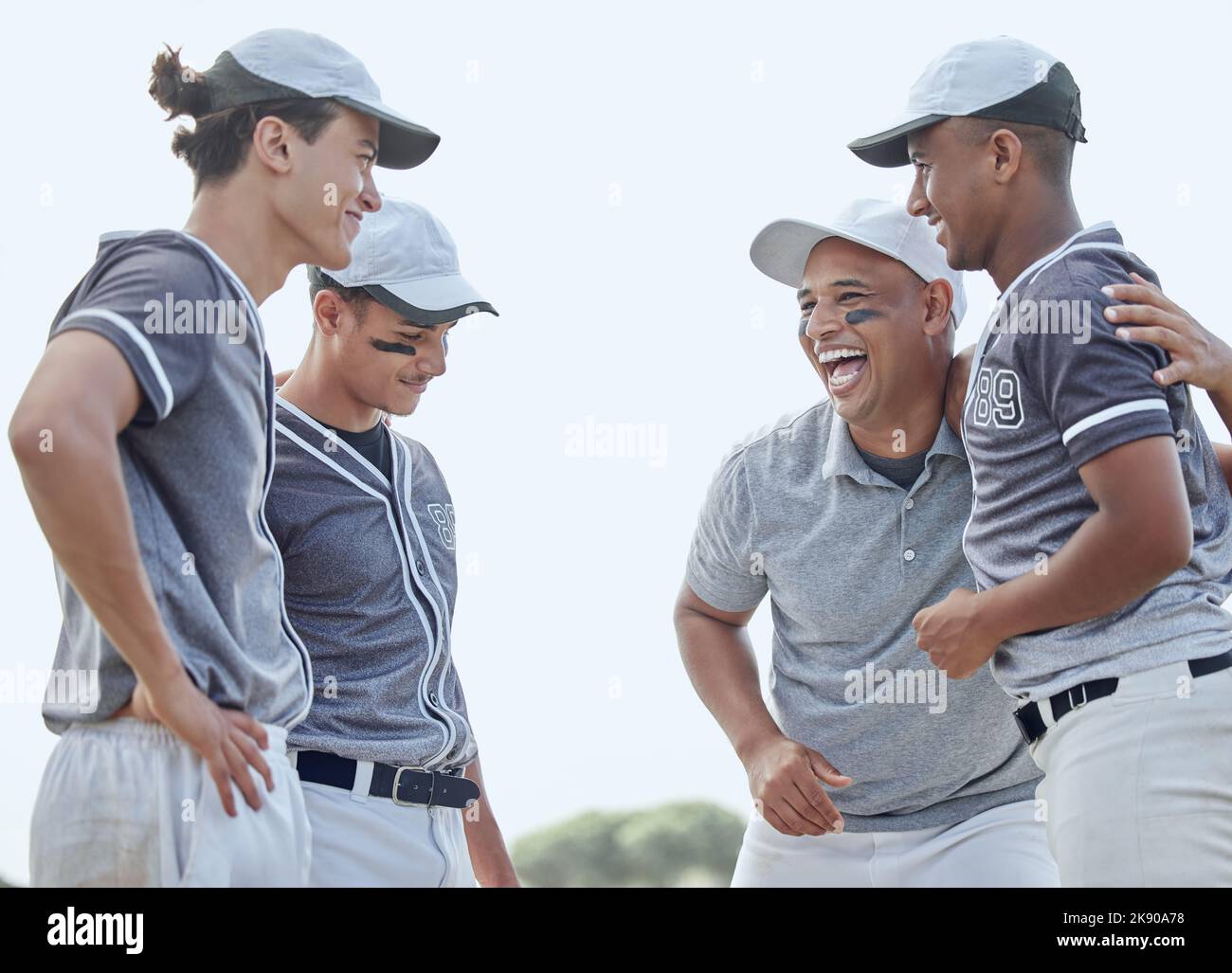 Happy, team and baseball player group laughing together from game ...