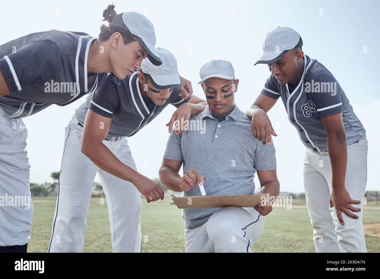 Baseball, team and coach talking strategy, planning and teamwork with ...