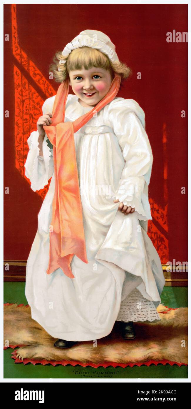 A beautiful holiday girl "Good morning" (Merry Christmas) 1892 Stock ...