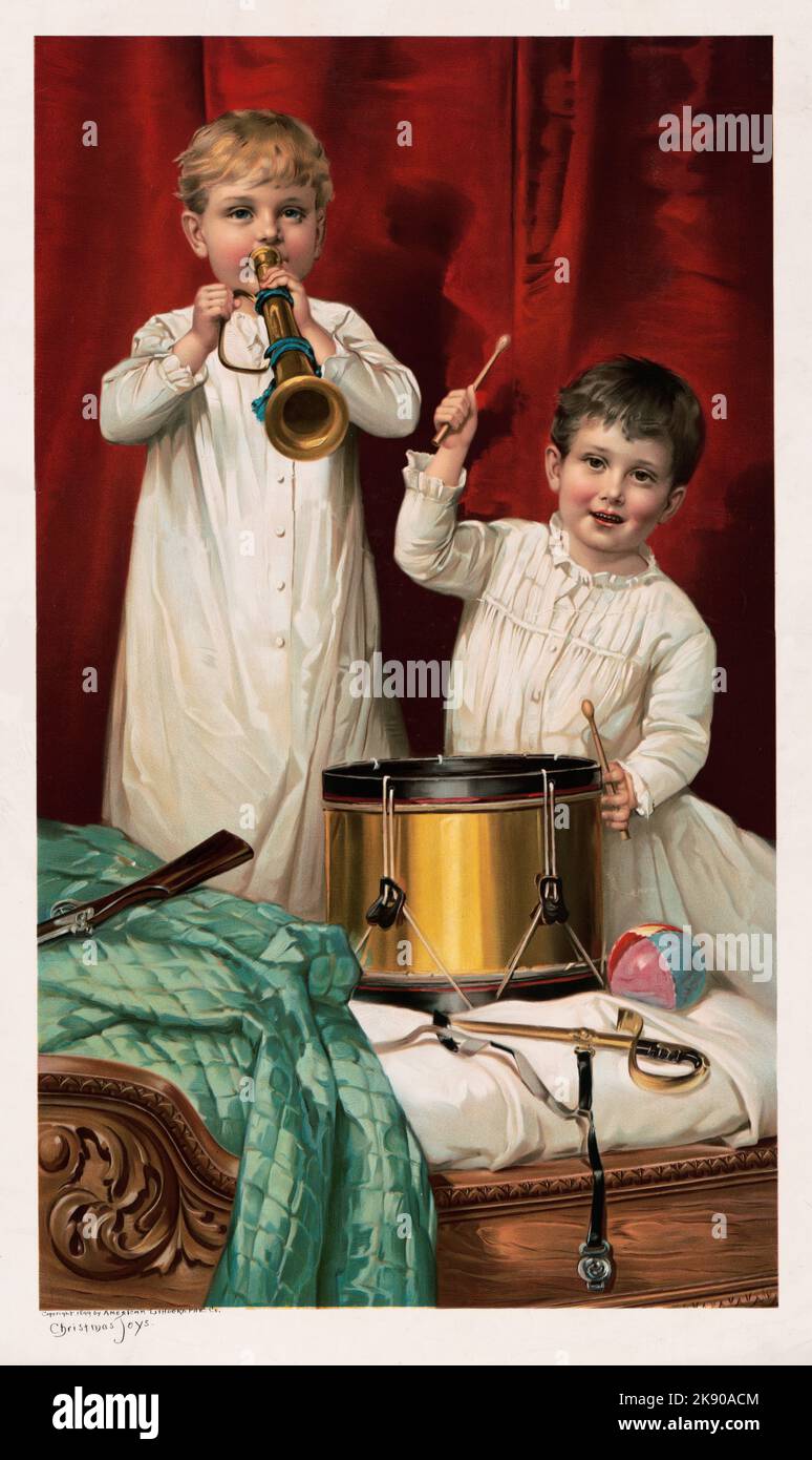Christmas joys - children playing instruments at Christmas 1899 Stock ...