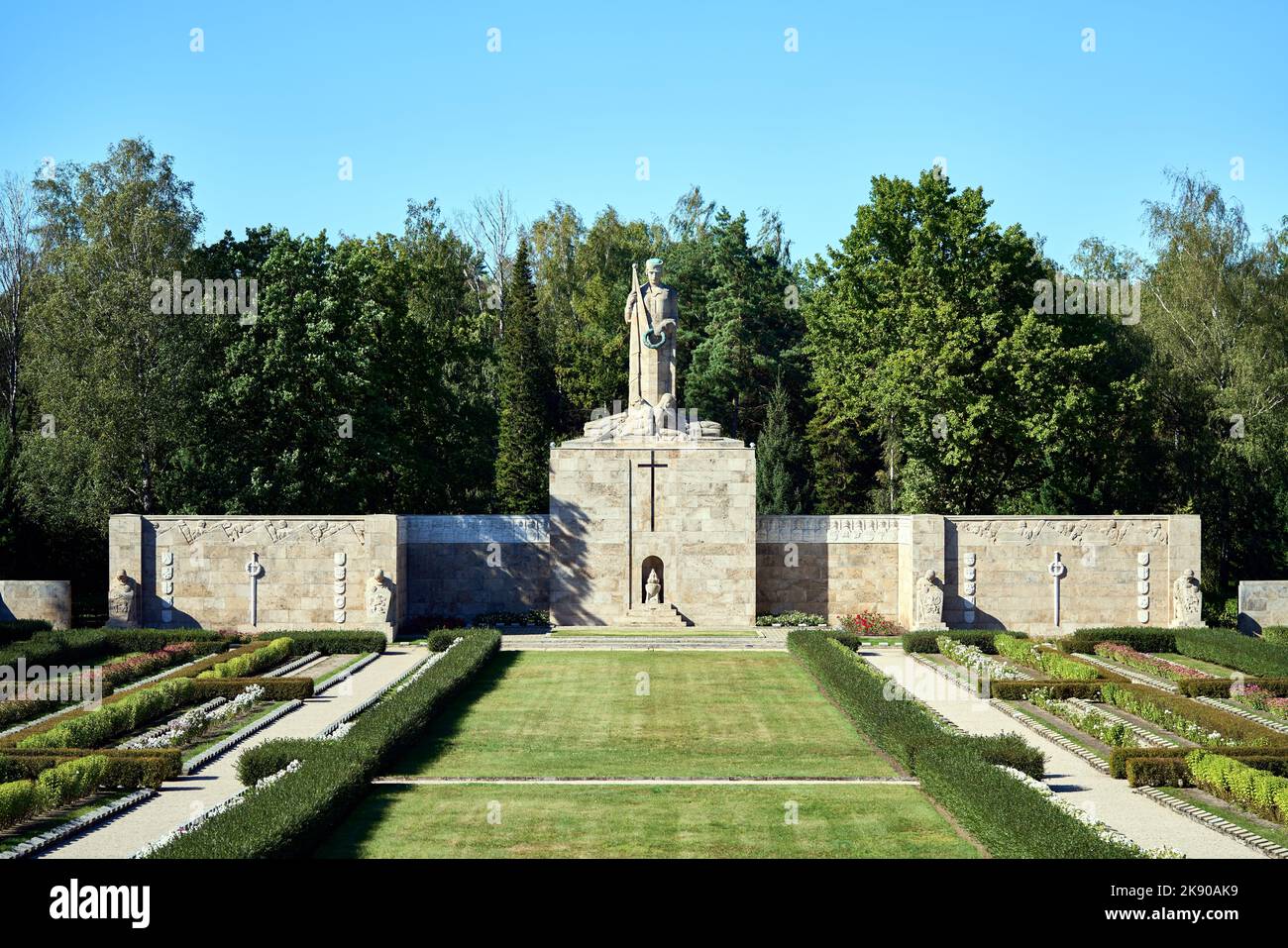 A scenic shot of the Mother statue at the Brethren Cemetery in Riga ...