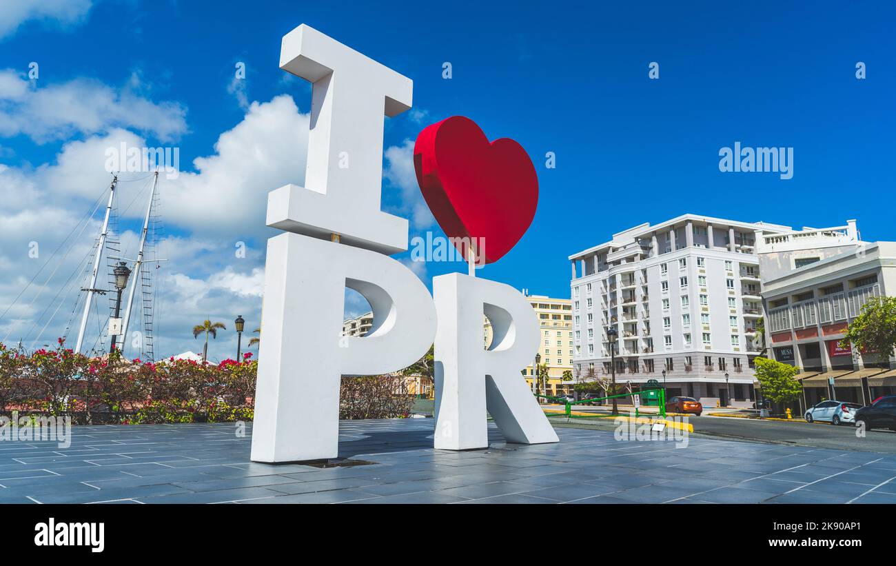 A design of "I love Puerto Rico" sign on sunny day in front of the San ...