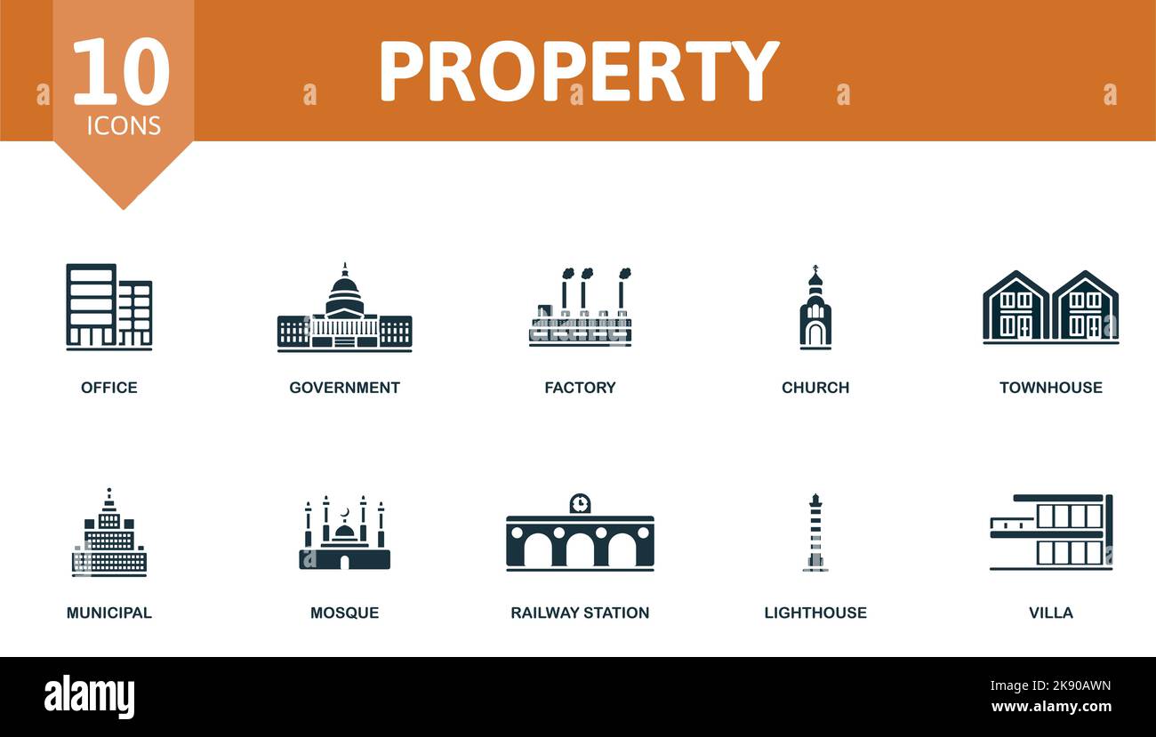 Property icon set. Monochrome simple Property icon collection. Office ...