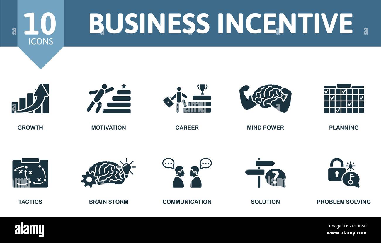 Business Incentive icon set. Monochrome simple Business Incentive icon collection. Growth ...