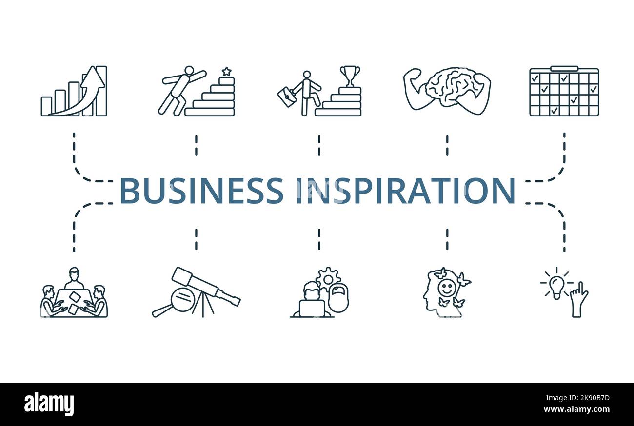 Business Inspiration icon set. Monochrome simple Business Inspiration icon collection. Growth ...