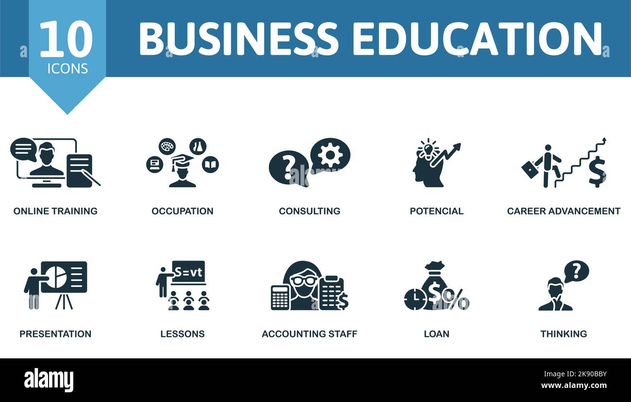 Business Education icon set. Monochrome simple Business Education icon collection. Online ...